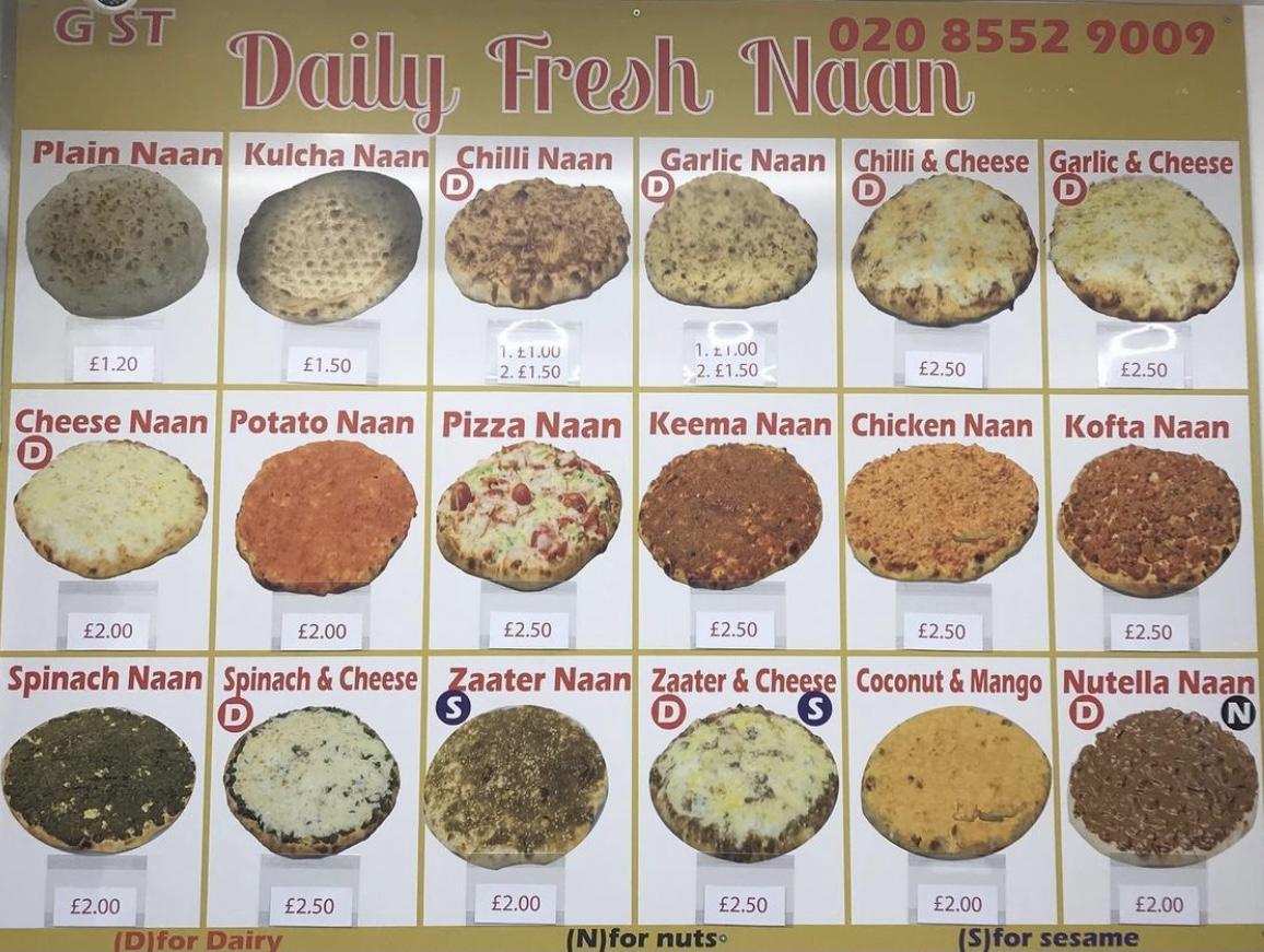 Menu at Daily Fresh Naan restaurant, London, 326 Green St
