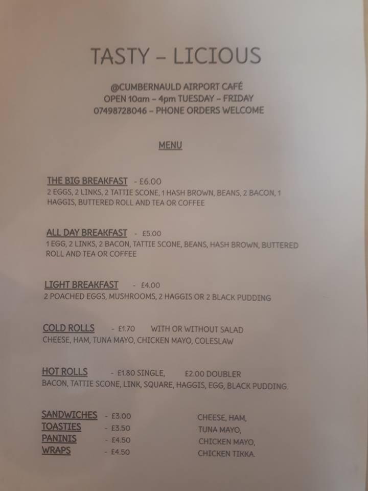 Menu at Tasty-Licious at Cumbernauld Airport cafe, Cumbernauld
