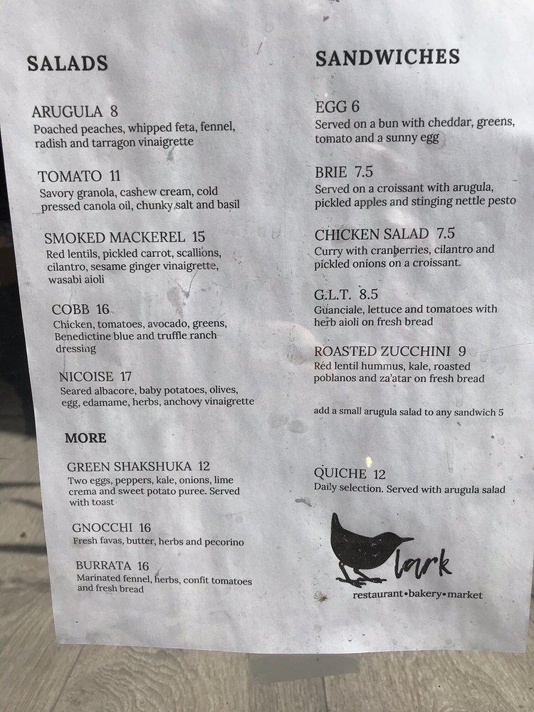 Menu at Lark cafe, Winnipeg