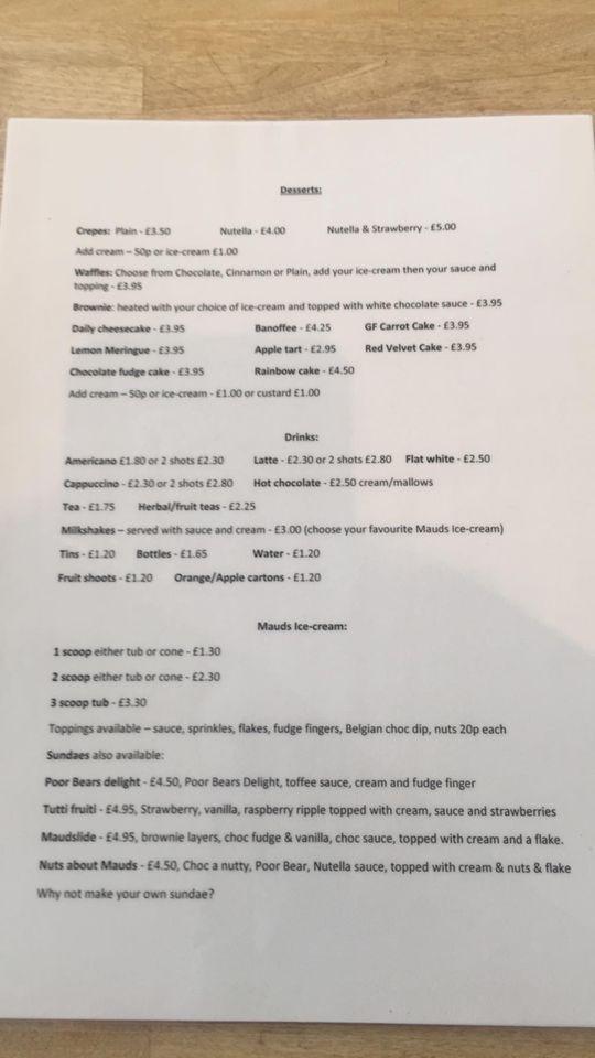 Menu at Maud's Parlour cafe, Magherafelt