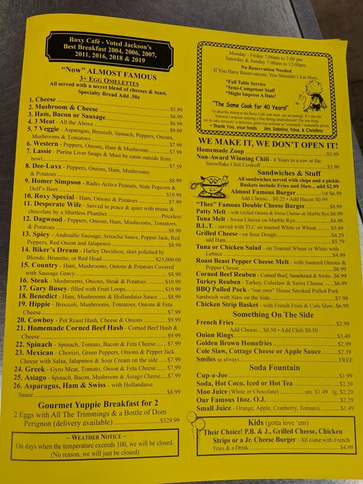 Menu at Roxy Cafe, Jackson
