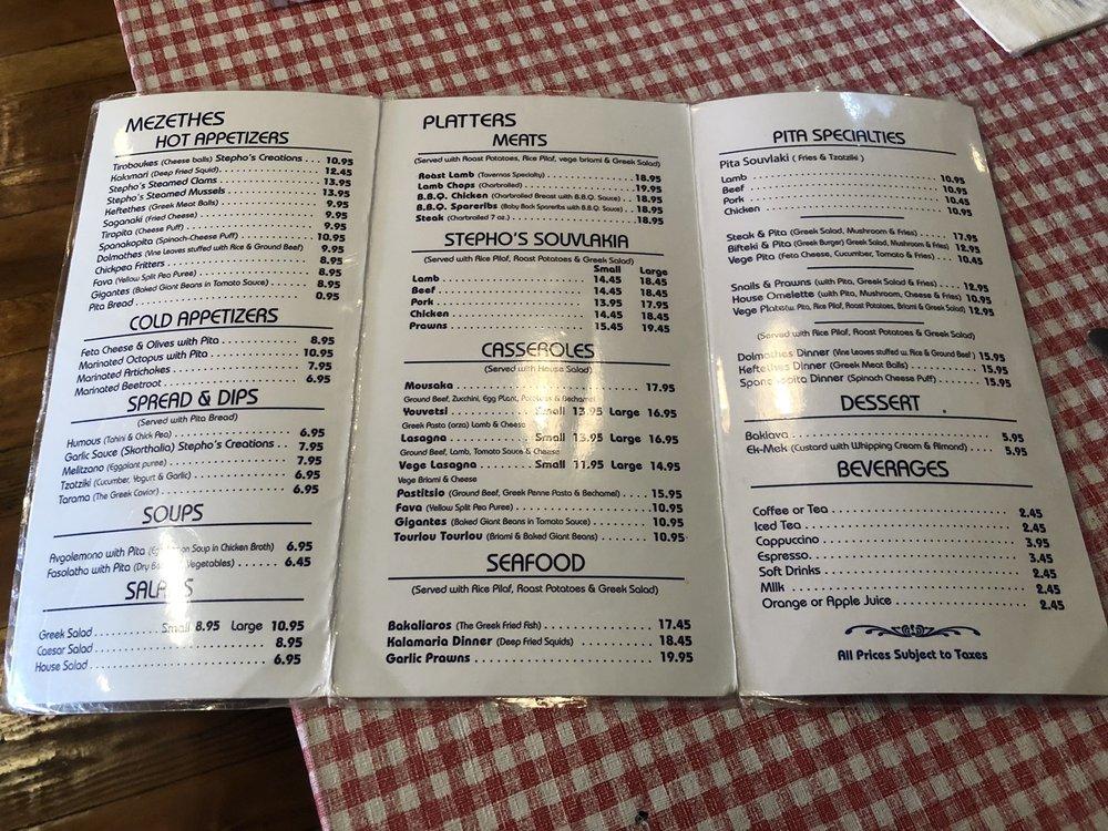 Menu at Stepho's Souvlaki Greek Taverna restaurant, Vancouver, Davie St
