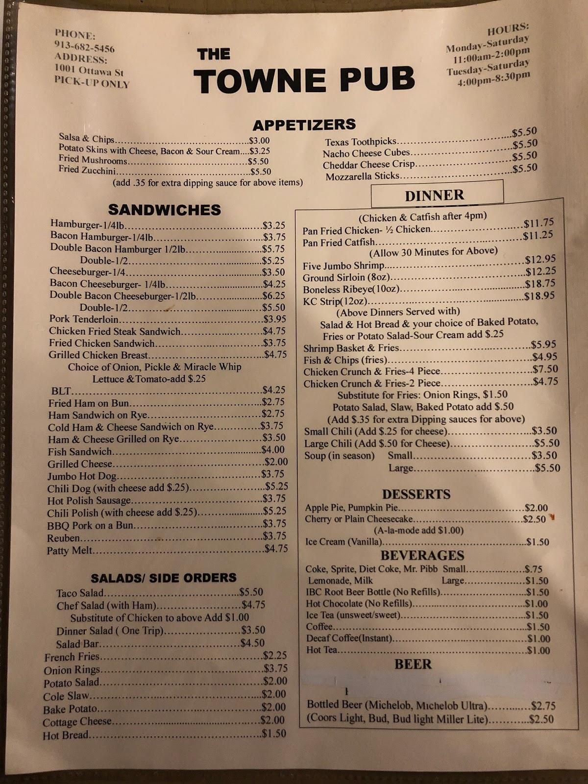 Menu at Towne Pub, Leavenworth