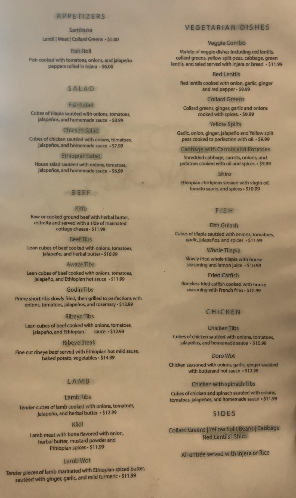 Menu at Addis Nola restaurant, New Orleans