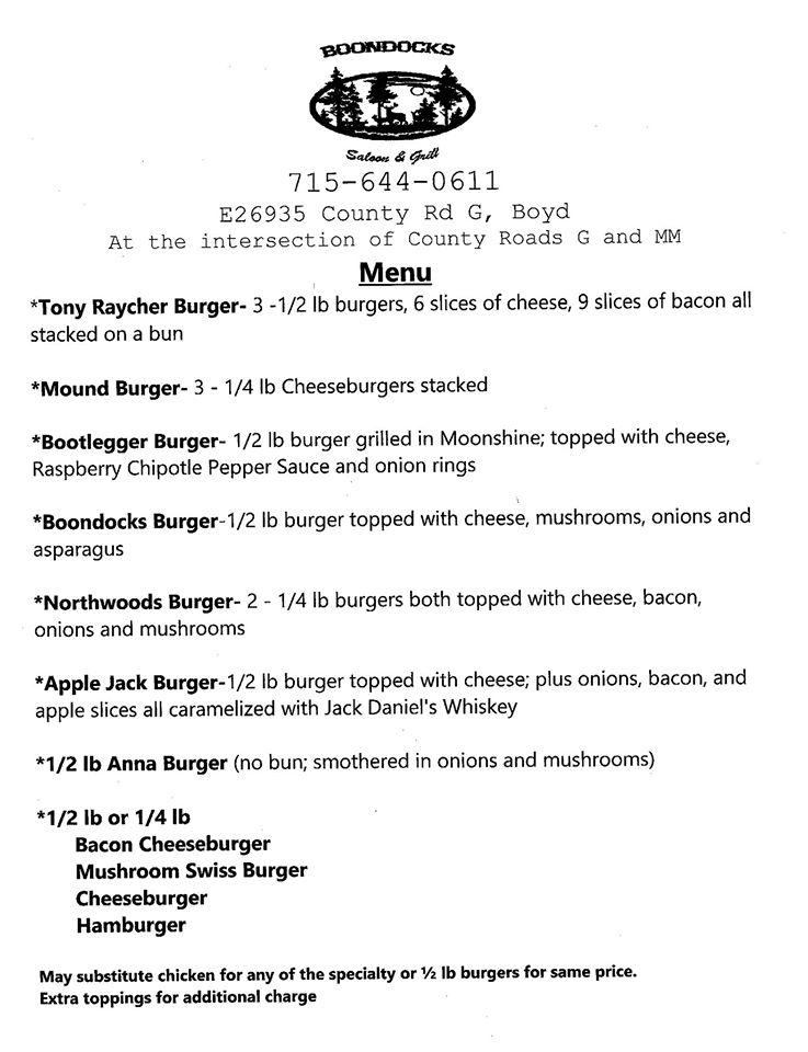 Menu at Boondock's Bar & Grill, USA