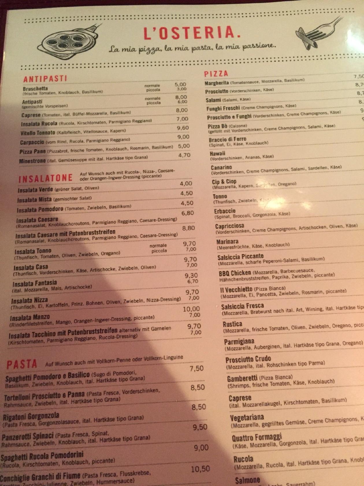 Speisekarte von L'Osteria Wien Hauptbahnhof pizza, Wien, Am ...