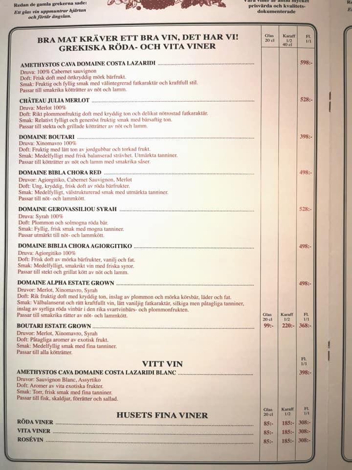 Menu at Restaurang Pizzeria Athena, Östersund