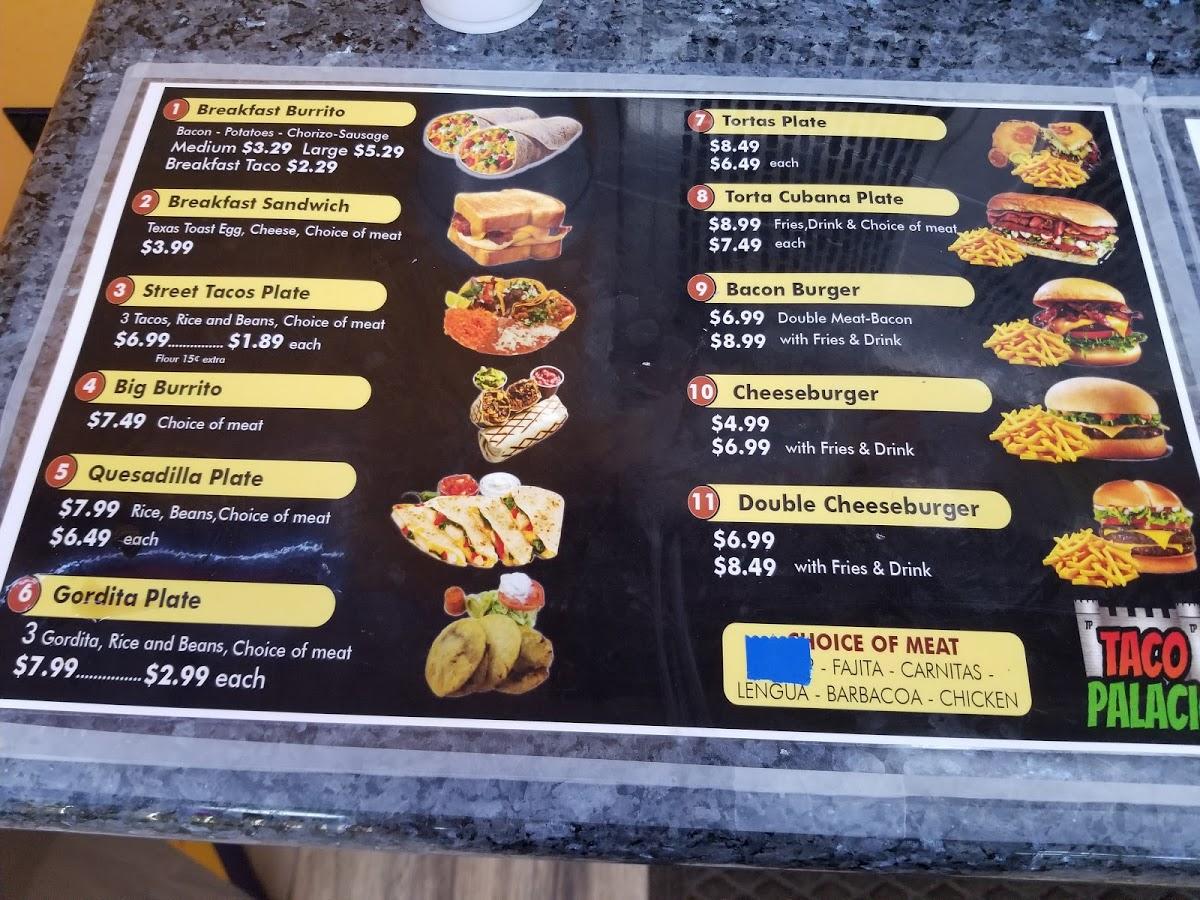 Menu at Taco Palacio restaurant, Arlington