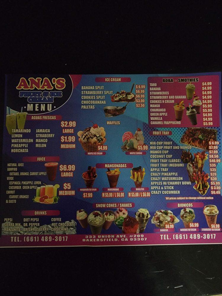 Menu at Ana's Fruit & Ice Cream, Bakersfield