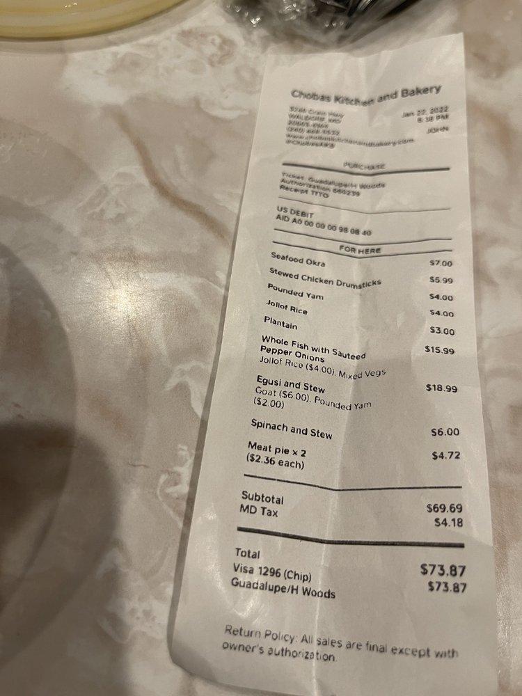Menu at CHOBAS African Kitchen restaurant, Waldorf