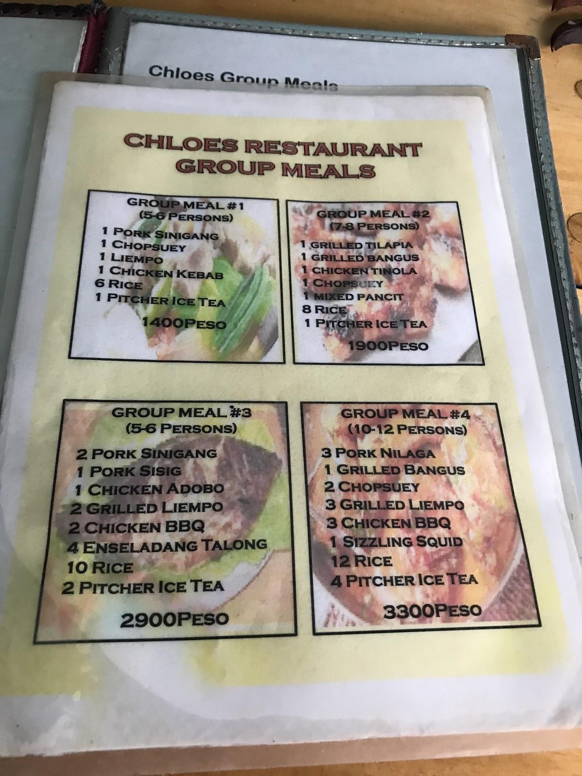 Menu at Chloes' Seafood Restaurant, Puerto Galera