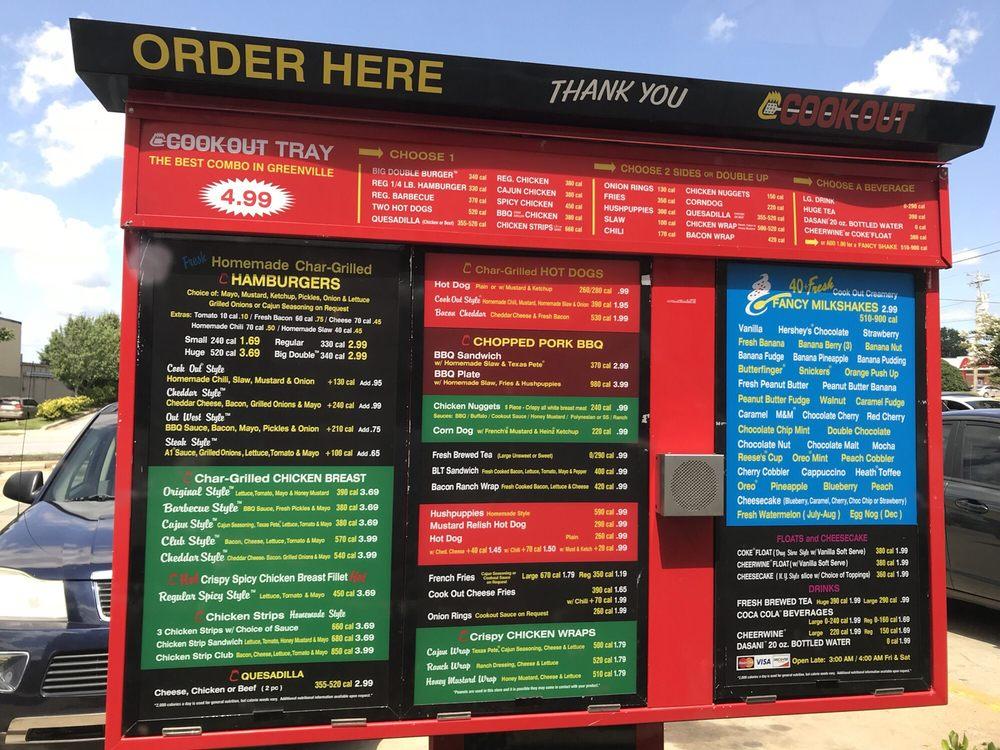 Menu at Cook Out fast food, Greenville, Laurens Rd