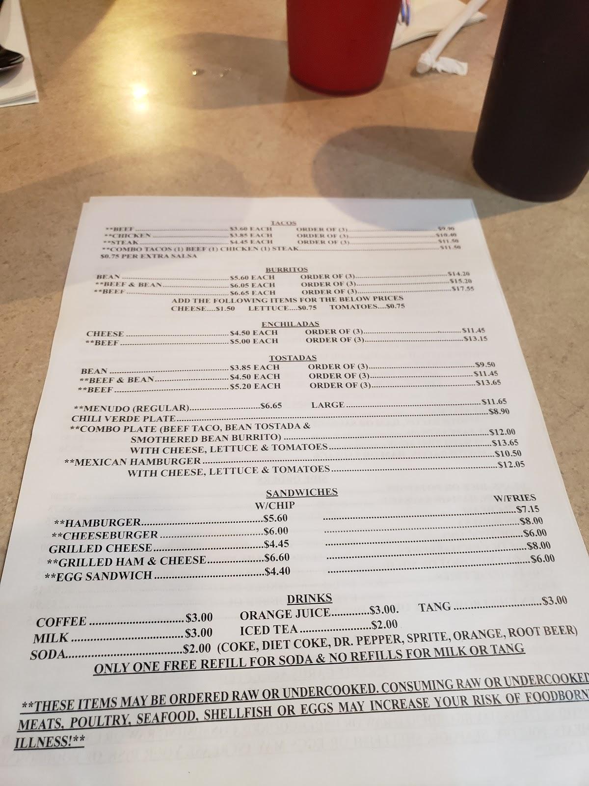 Menu at EL TORO restaurant, Denver