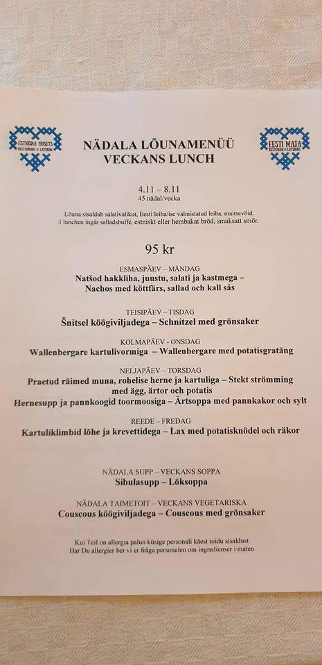 Menu at Estniska Husets Restaurang & Catering restaurant, Stockholm