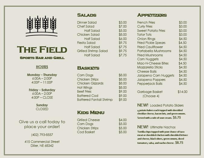 Menu at Field Sports Bar & Grill, Diller