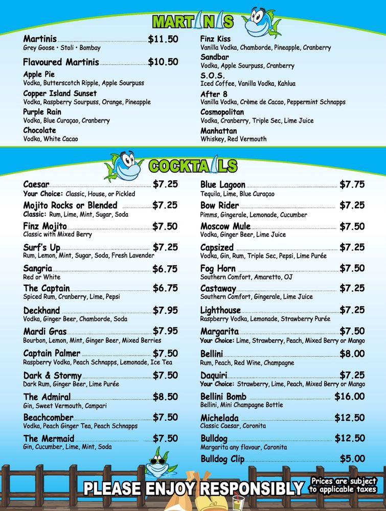 Menu at Finz Resort fast food, Blind Bay