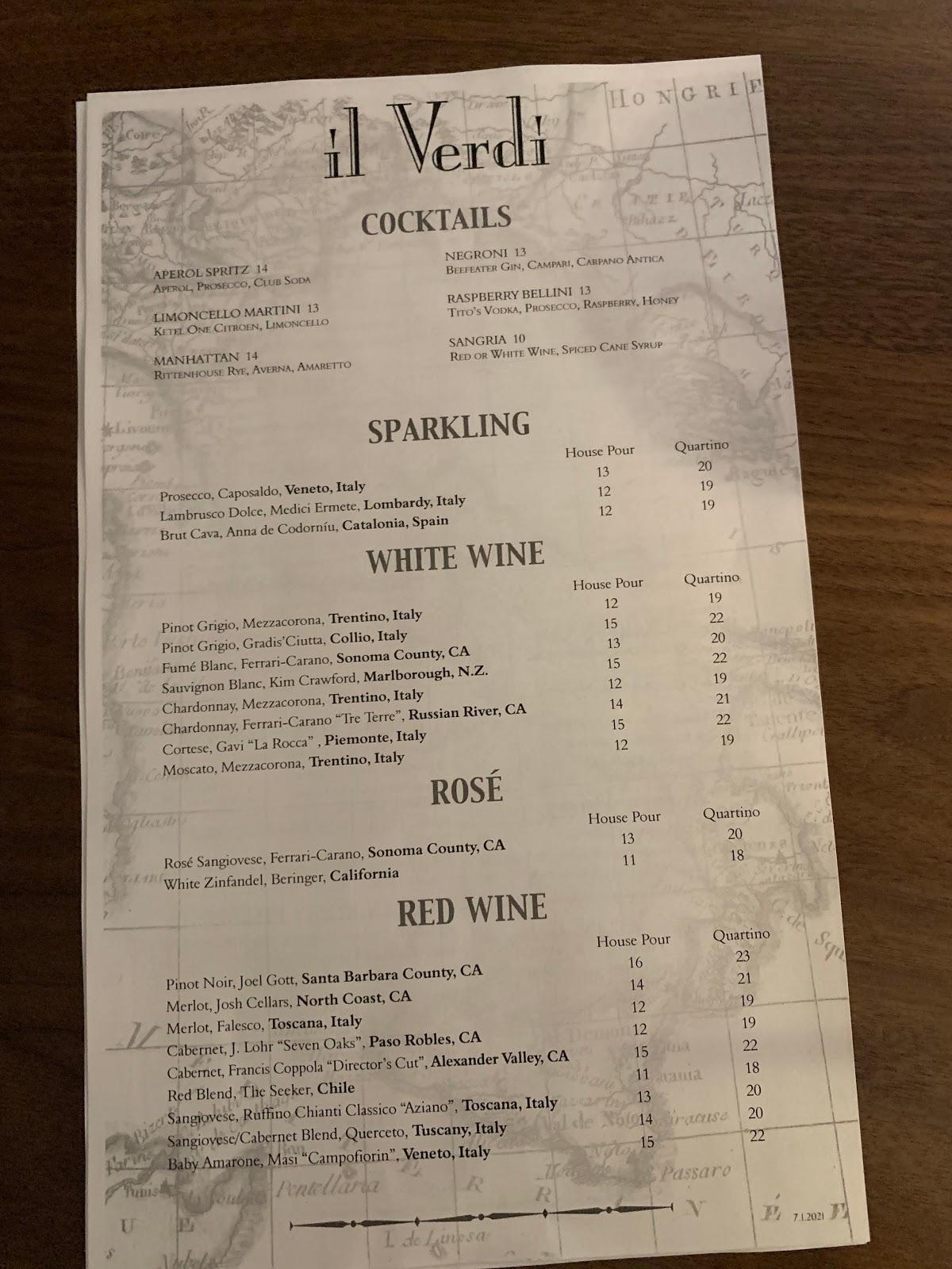 Carta del restaurante Il Verdi, Atlantic City, Boardwalk