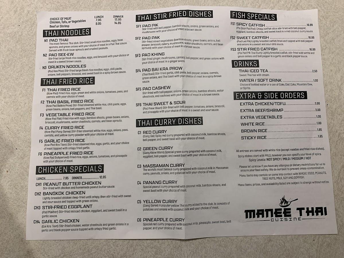 Menu at Manee Thai Cuisine restaurant, Burton