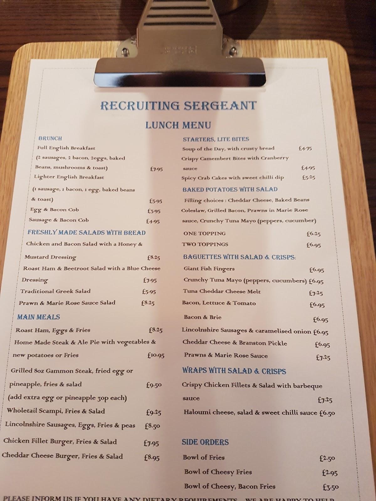 Carta del pub y bar Recruiting Sergeant, Grantham, 10 High St