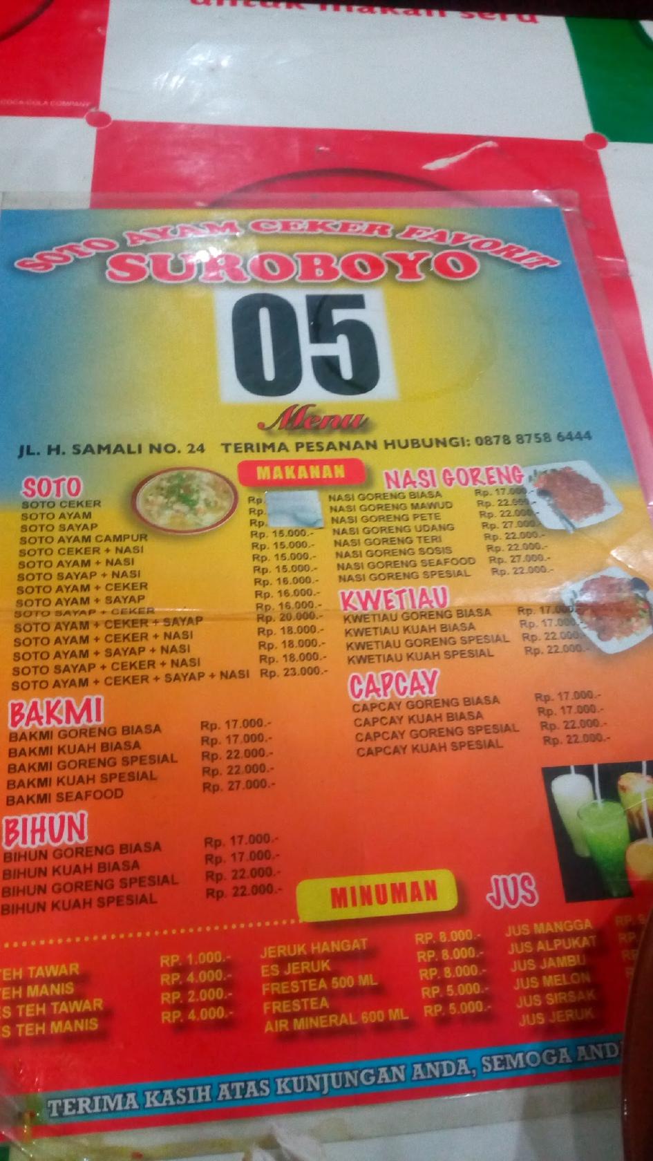 Menu at Soto Ayam Ceker Favorit "Suroboyo" restaurant, South Jakarta