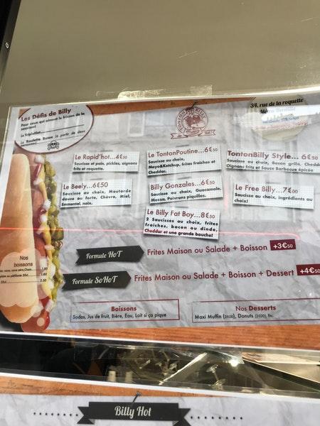 Menu at Tonton Billy restaurant, Paris