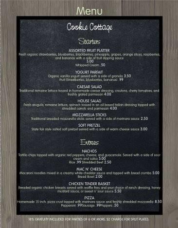 Menu at Cookie Cottage cafe, Woodbury