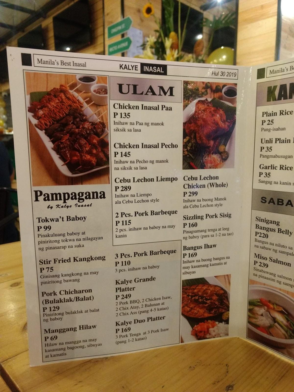 Menu at Kalye Inasal restaurant, Quezon City