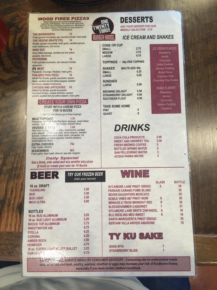 Menu at One Twenty Three Burger House restaurant, St. Augustine