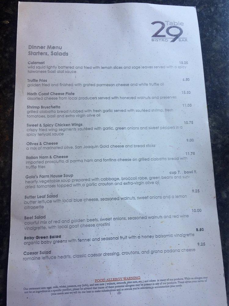 Menu at Table 29 Bistro & Bar, American Canyon