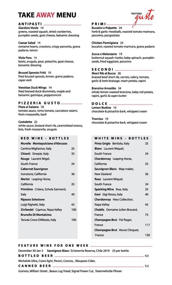 Menu at Trattoria Gusto restaurant, Port Hope