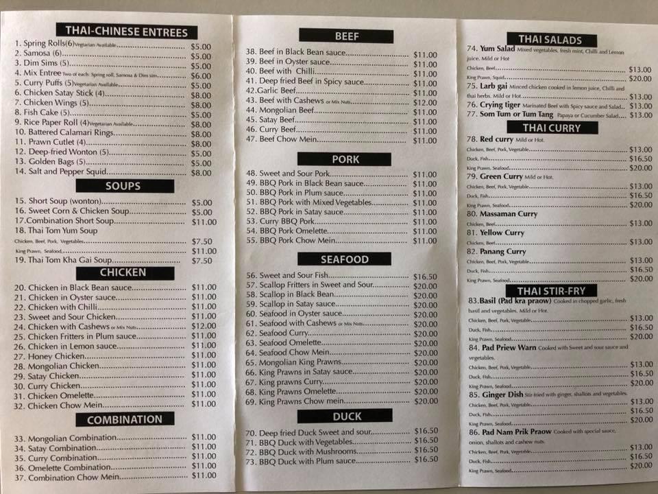 Menu at 168 Thai Chinese fast food, Albury