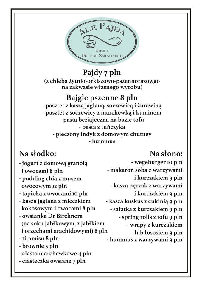 Menu at Ale Pajda restaurant, Poznań