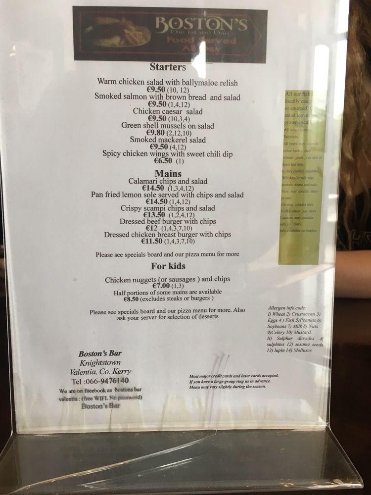 Menu at Boston's Bar, Ireland