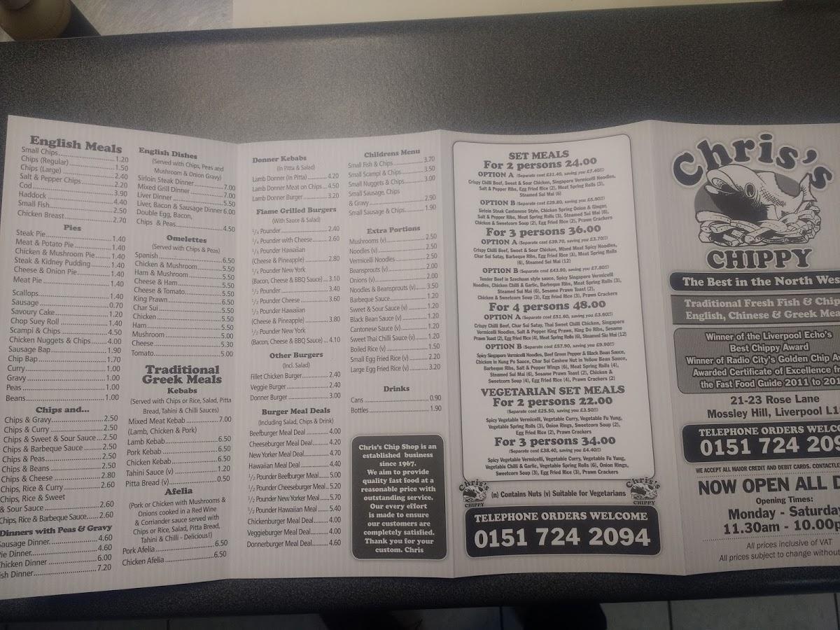 Menu at Chris's fast food, Liverpool