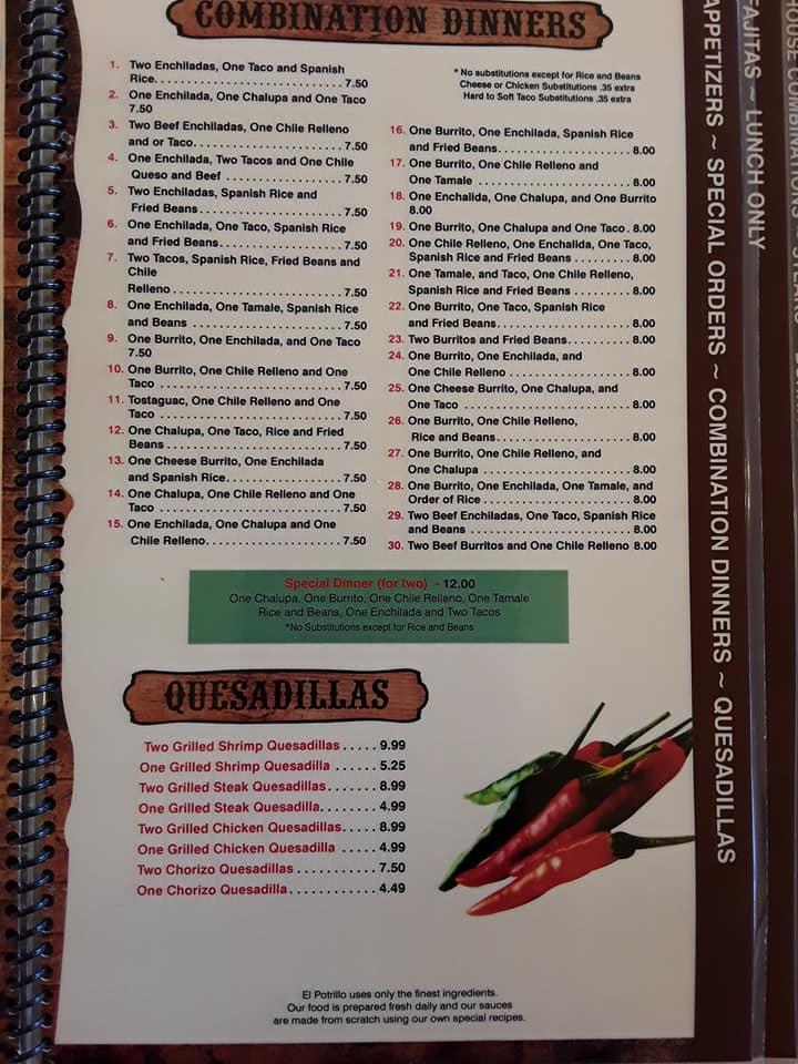 Menu at El Potrillo restaurant, Church Hill