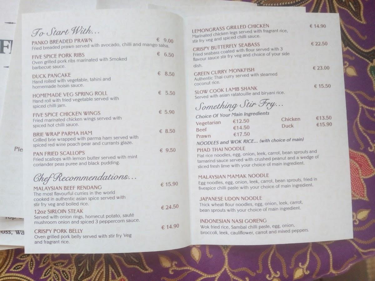 Menu at Five Spice Restaurant, Ireland