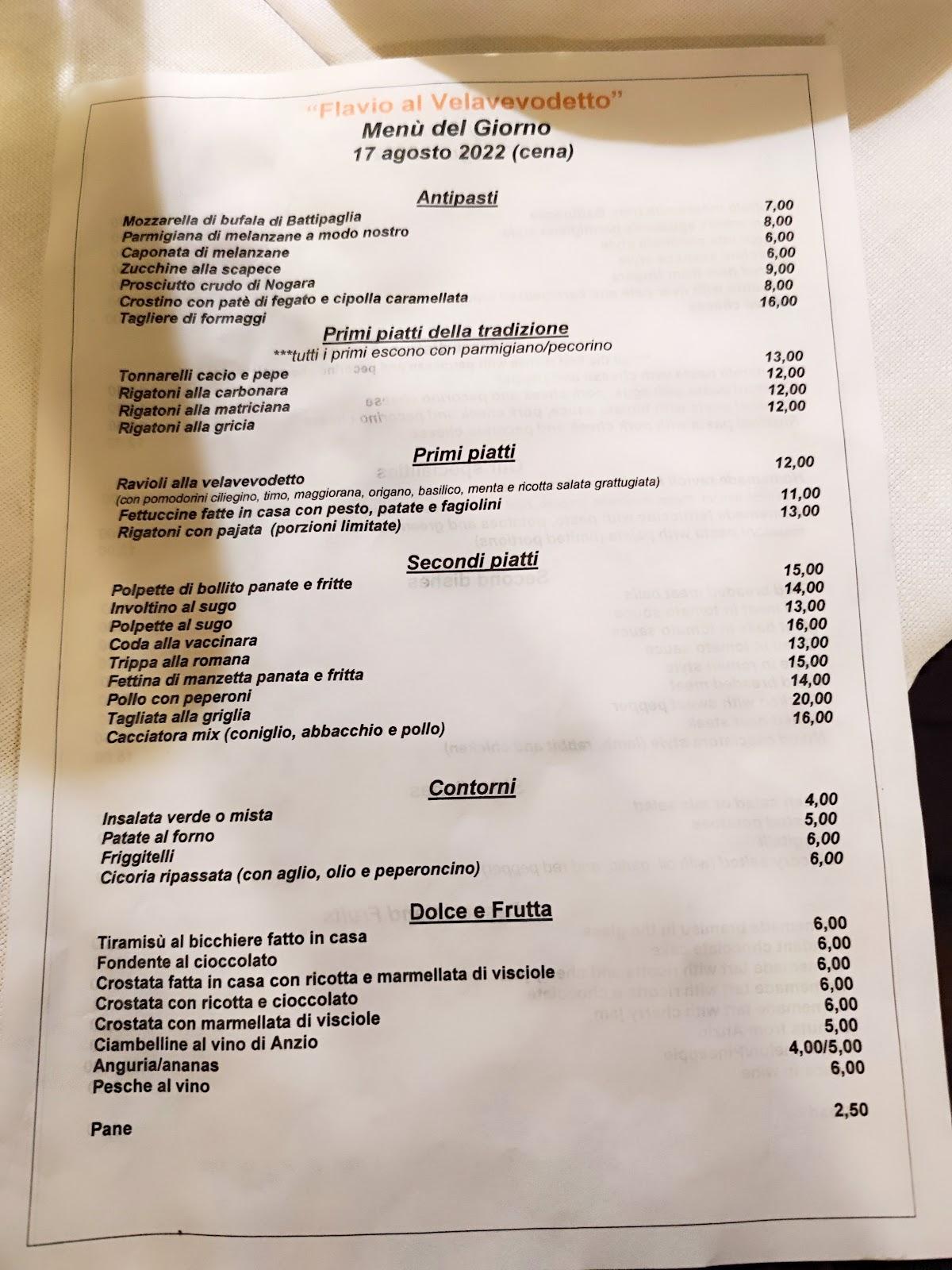 Menu at Flavio al Velavevodetto restaurant, Rome