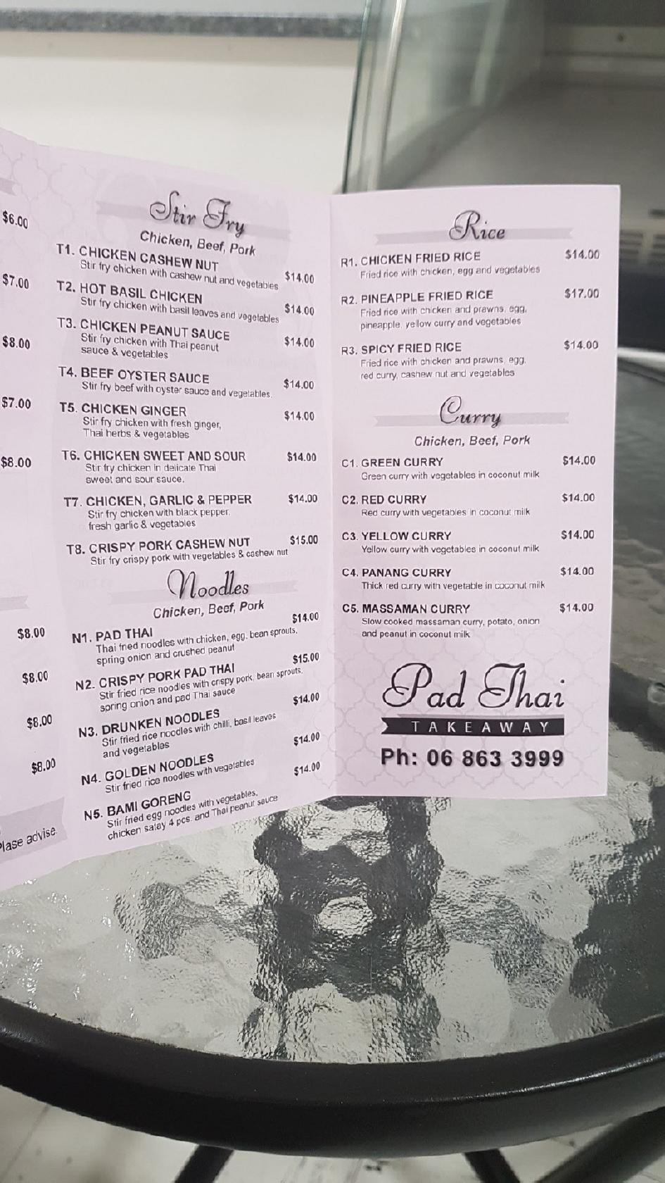 Menu at Pad Thai Takeaway restaurant, Gisborne