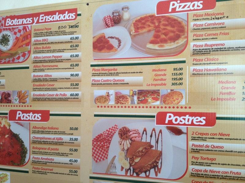 Menu at Pepe-Roni's pizzeria, Monclova, Zaragoza Sur 112