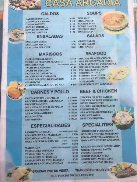 Menu at Restaurant Casa Arcadia, Zihuatanejo
