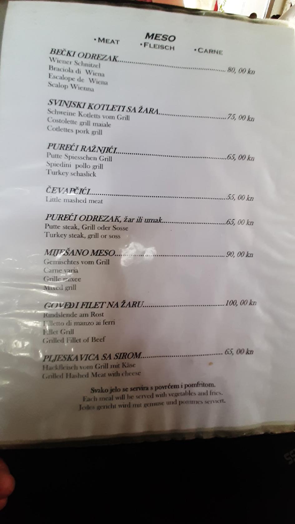 Menu at Restoran Astoria restaurant, Jesenice
