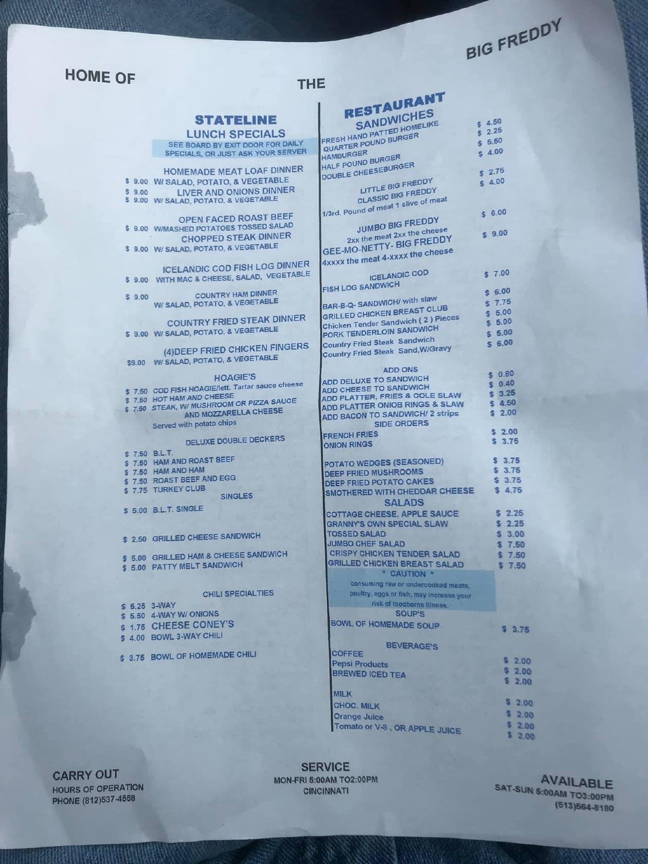 Menu at Stateline Restaurant, Greendale