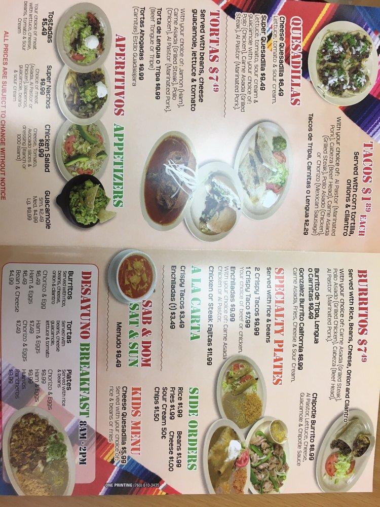 Menu at Tacos Gonzalez restaurant, Indio