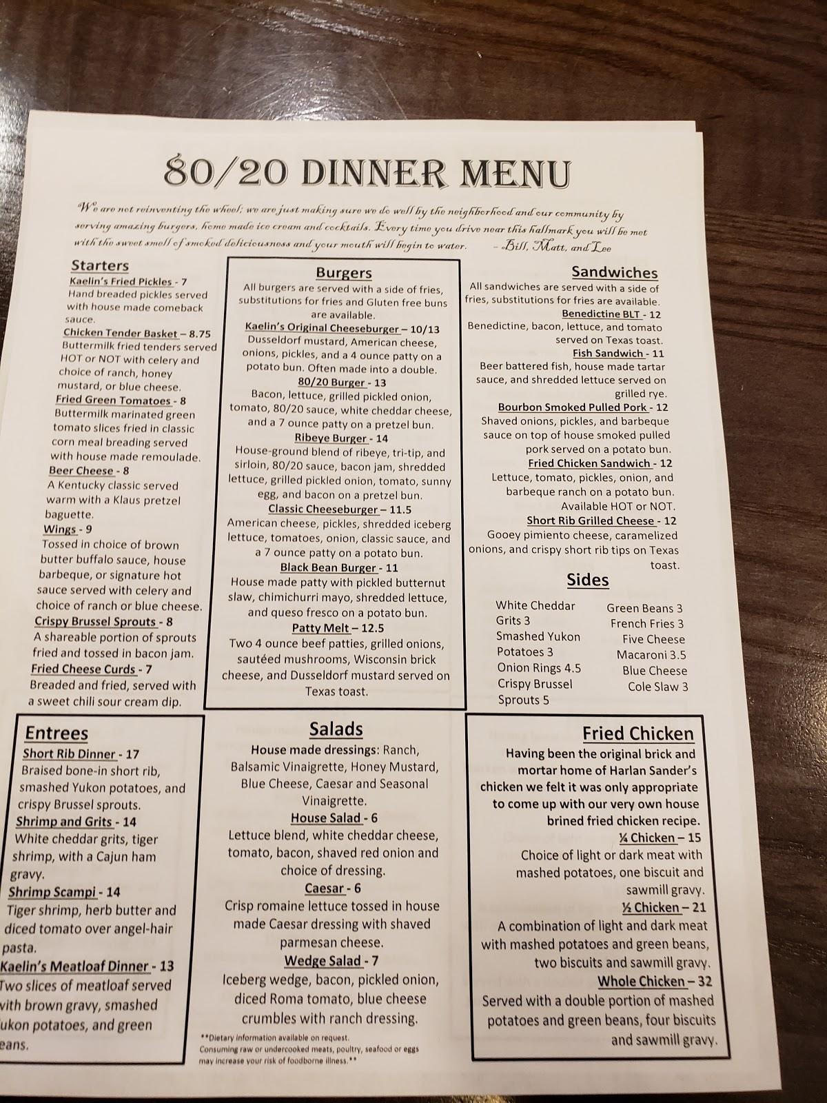 Menu at 80/20 @ Kaelin's Restaurant, Louisville