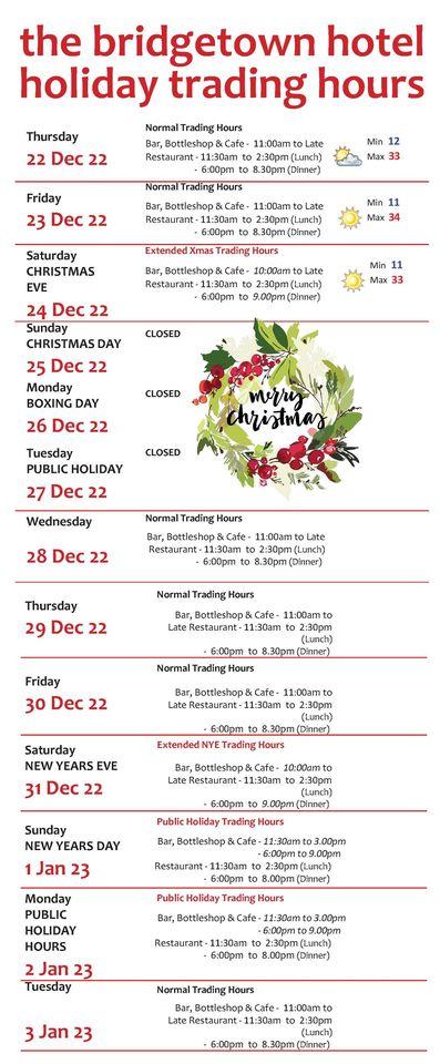 Menu at Bridgetown Hotel restaurant, Bridgetown