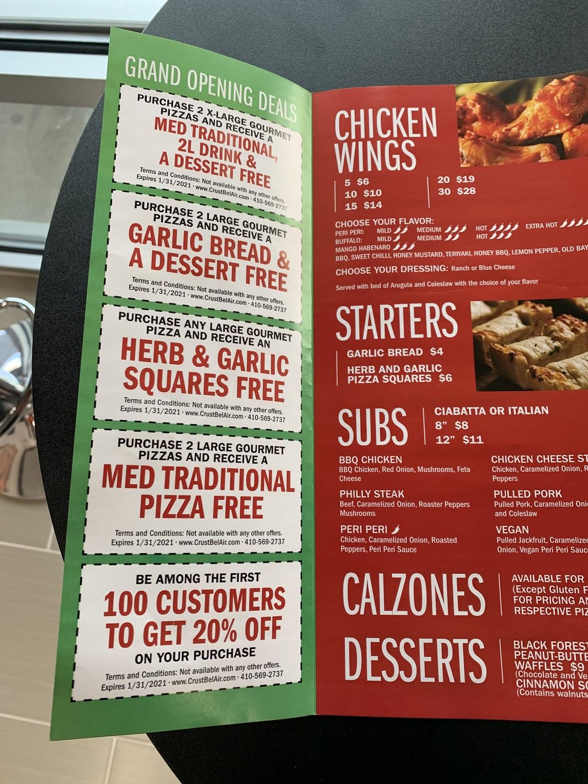Menu at Crust Pizza pizzeria, Bel Air