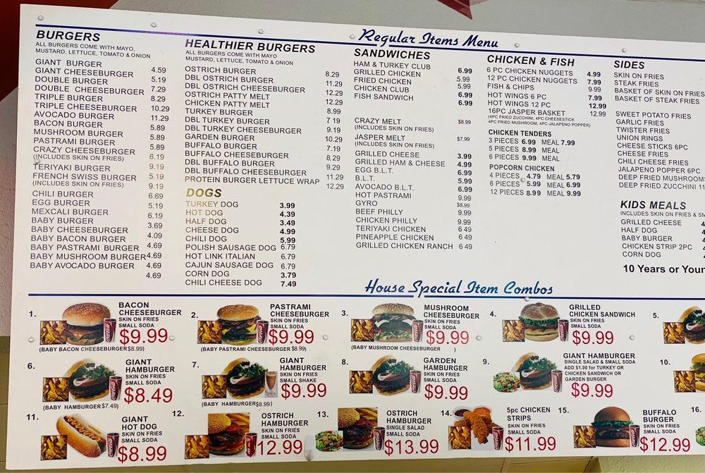 Menu at Jasper's Giant Burgers restaurant, Gold River