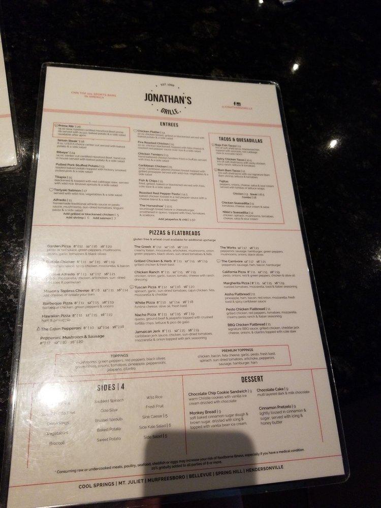 Menu at Jonathan's Grille pub & bar, Murfreesboro