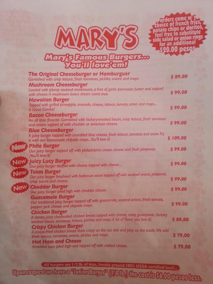Menu at Mary's Burger Shoppe restaurant, Mazatlán