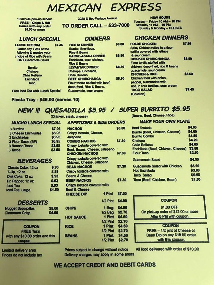 Menu at Mexican Express fast food, Huntsville, Bob Wallace Ave SW